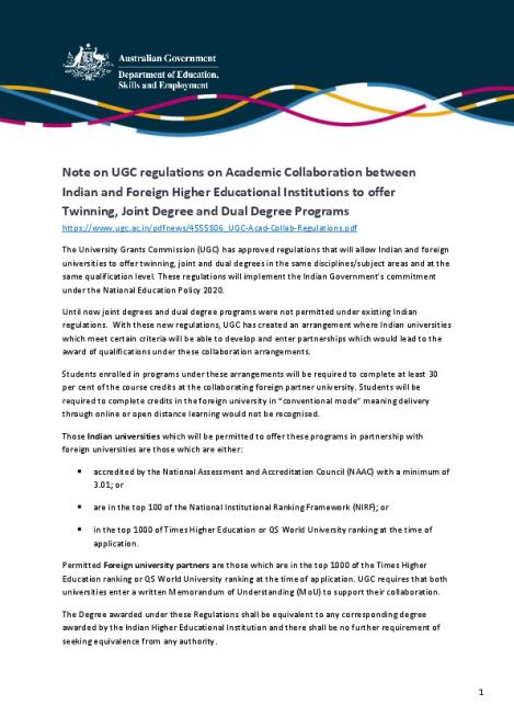 Note on UGC regulations on Academic Collaboration between Indian and Foreign Higher Educational ...